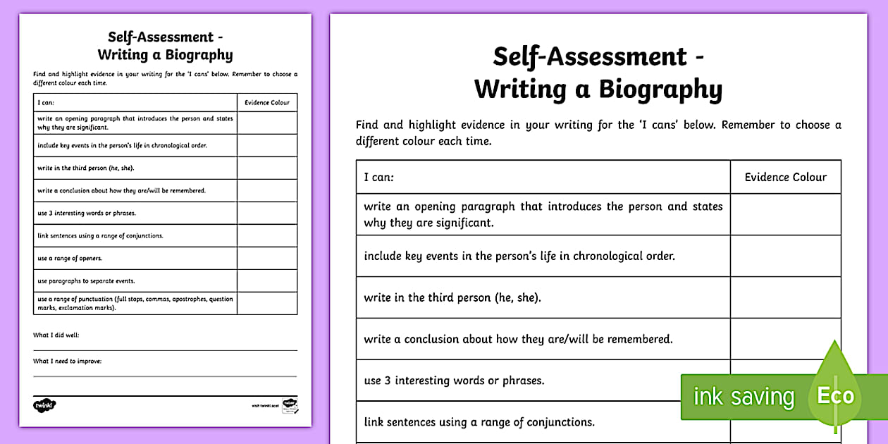 Editable Second Level Writing a Biography Self Assessment Checklist