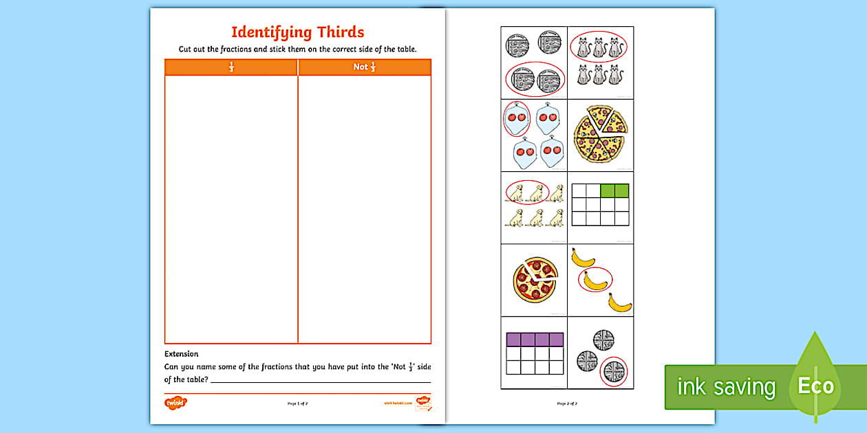 Identifying Thirds Cut and Stick Worksheet - Twinkl Maths