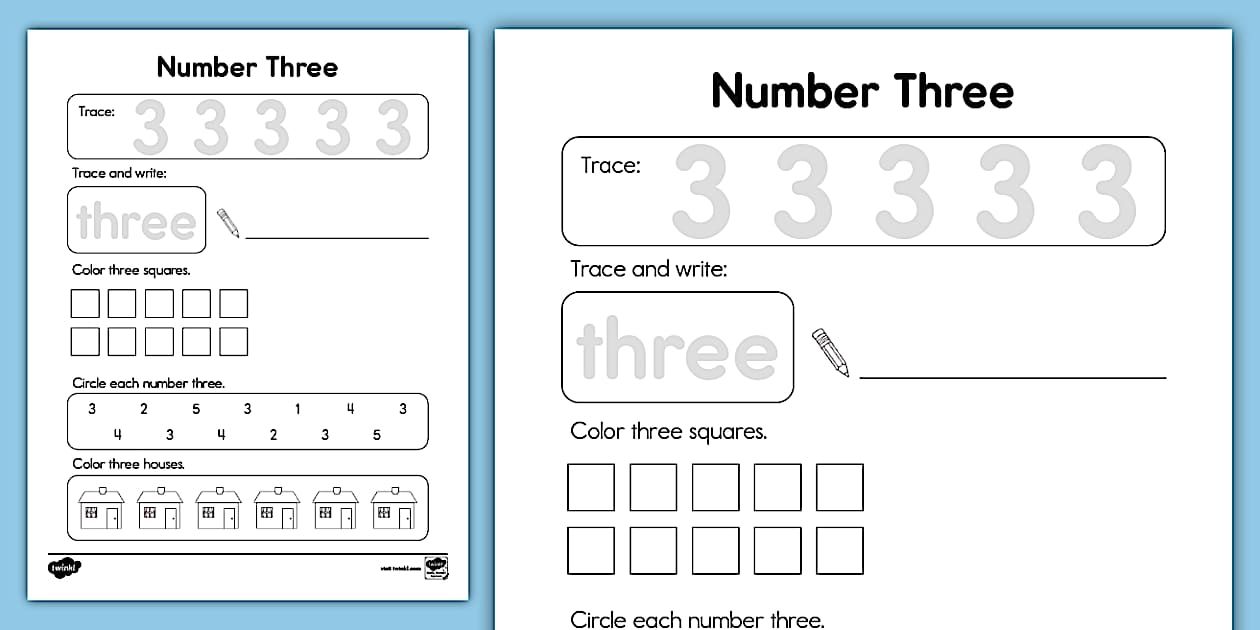 Number Three Math Worksheet (teacher made) - Twinkl