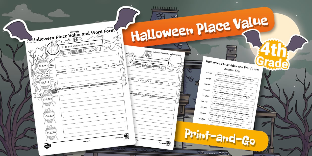 Fourth Grade Halloween Place Value and Word Form Worksheet