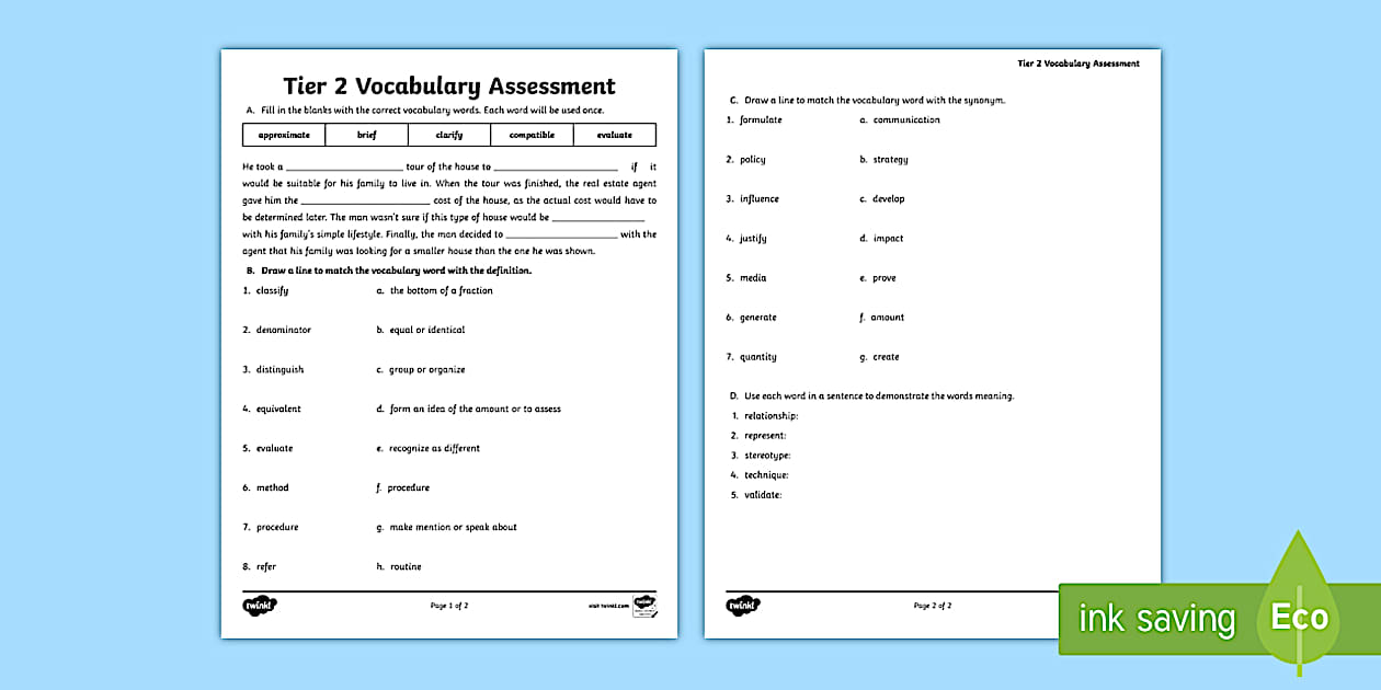 Tier 2 Vocabulary Assessment Sheet - Twinkl