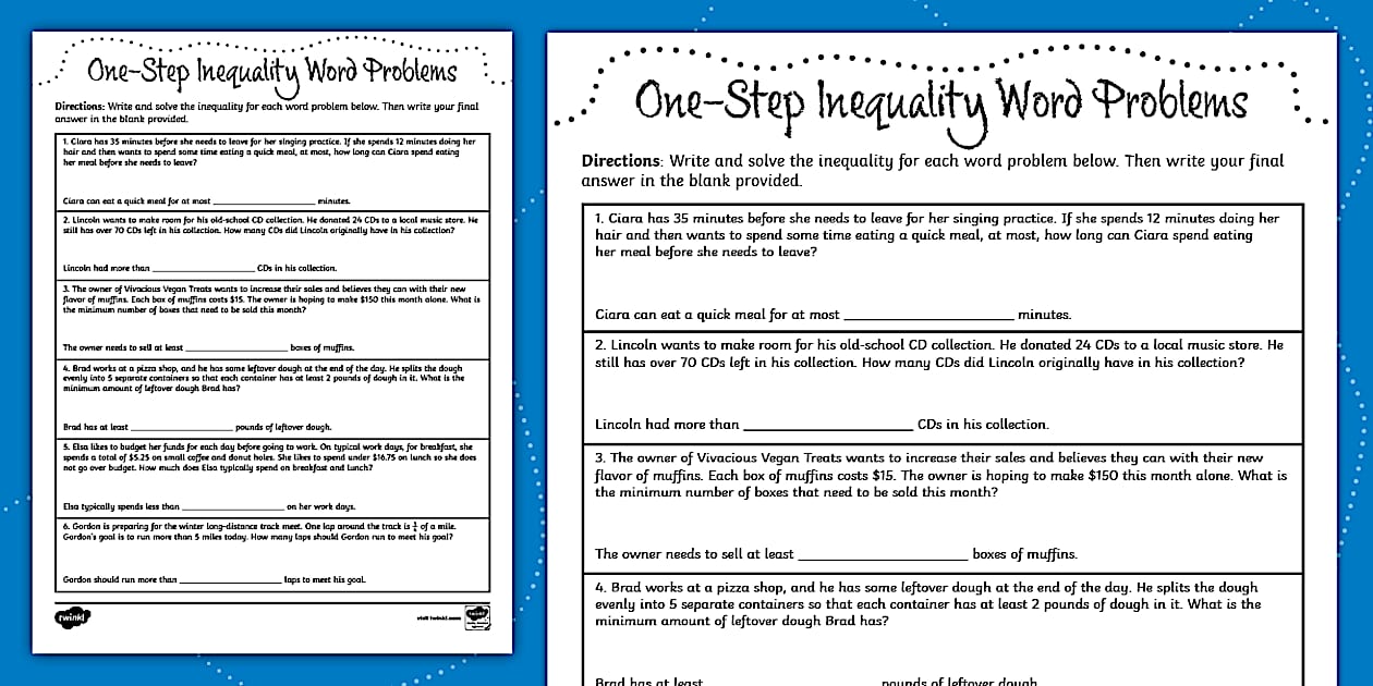 Seventh Grade One-Step Inequality Word Problems - Twinkl