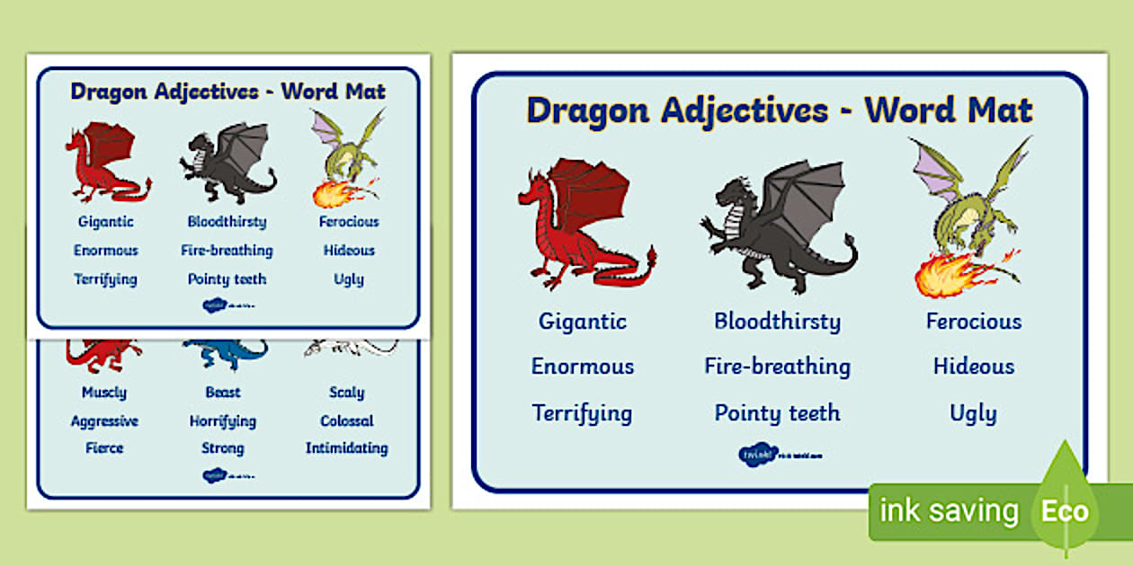 Cursive Dragon Adjectives Word Mat | Resource Pack - Twinkl