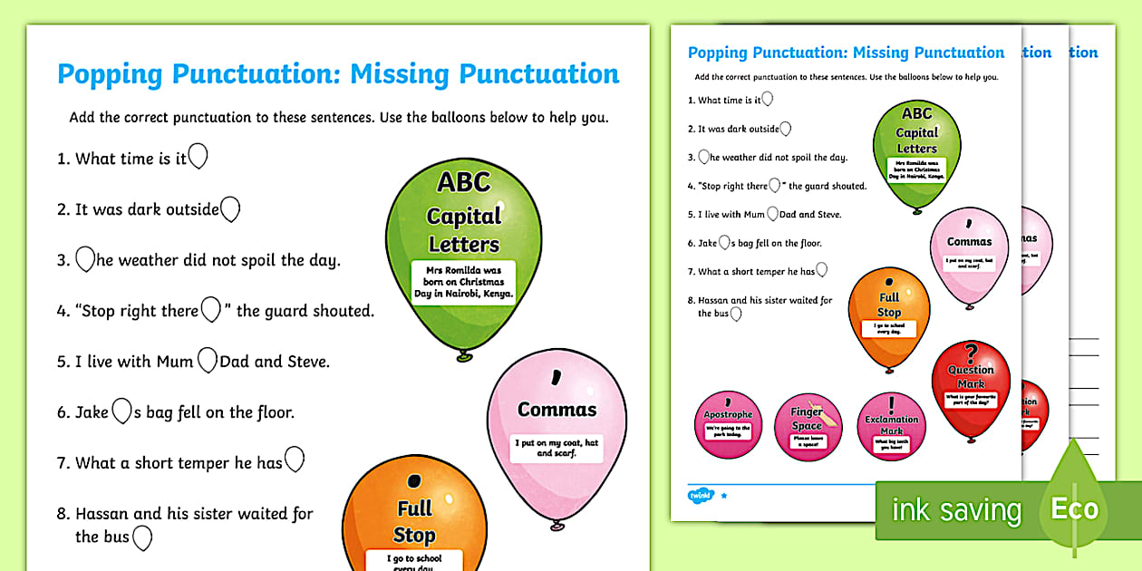 Editable KS1 Missing Popping Punctuation Worksheets - Twinkl