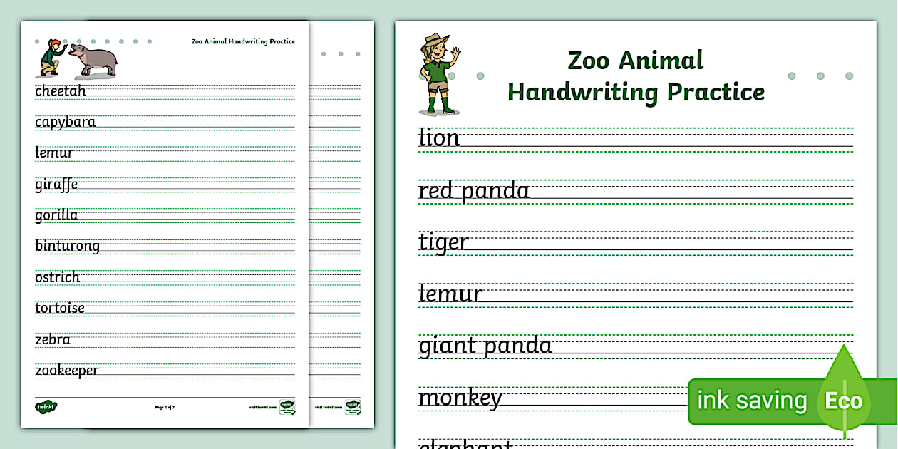 Zoo Animal Handwriting Practice Worksheets (teacher made)