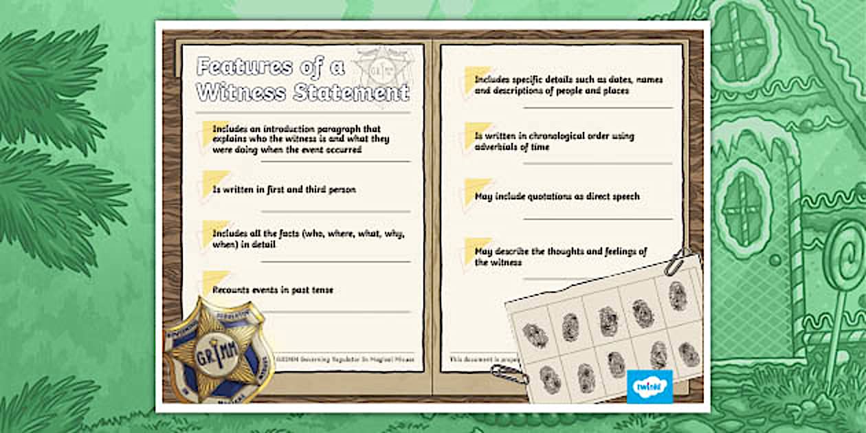 Features of a Witness Statement Display Poster - Twinkl