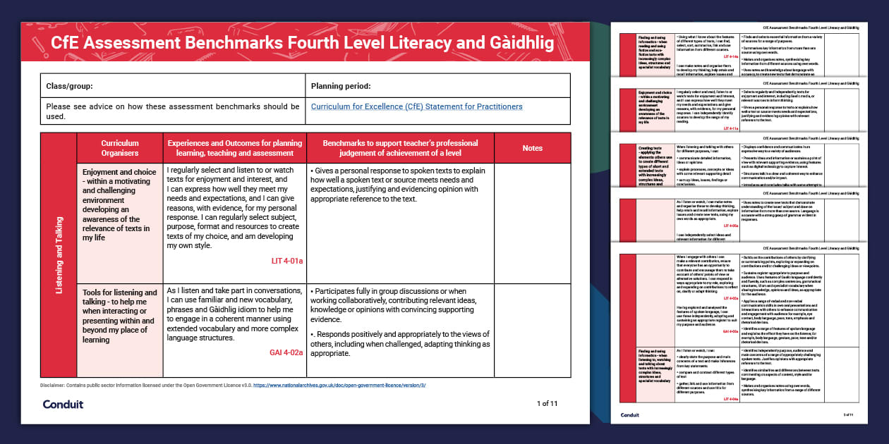CfE Benchmarks Fourth Level Literacy and Gàidhlig Assessment Tracker