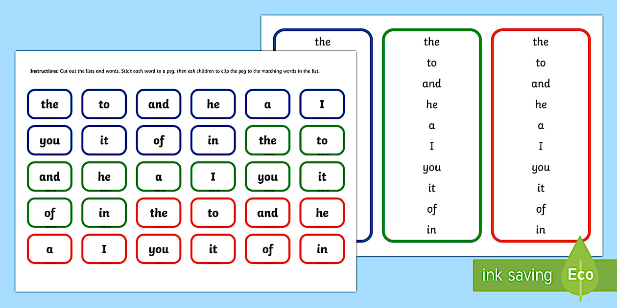 Match the Words (Everyday Words 1) Peg Game (teacher made)