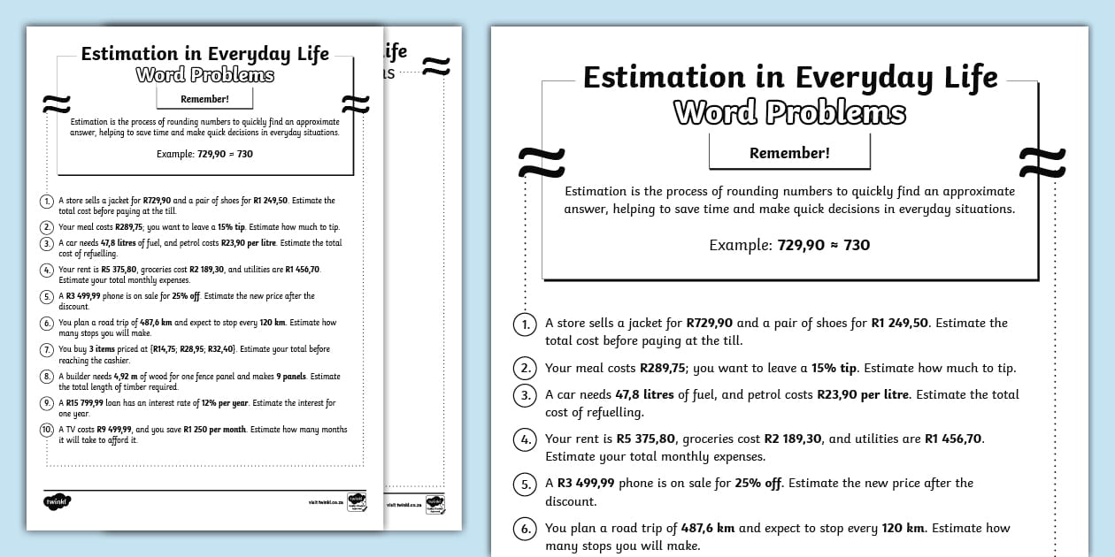Estimation in Everyday Life - Word Problems Worksheet