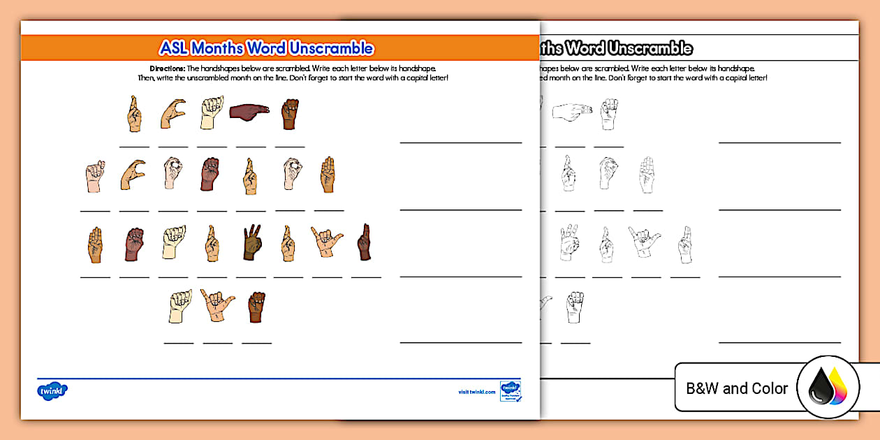ASL Months of the Year Word Unscramble Activity Worksheet Part 1