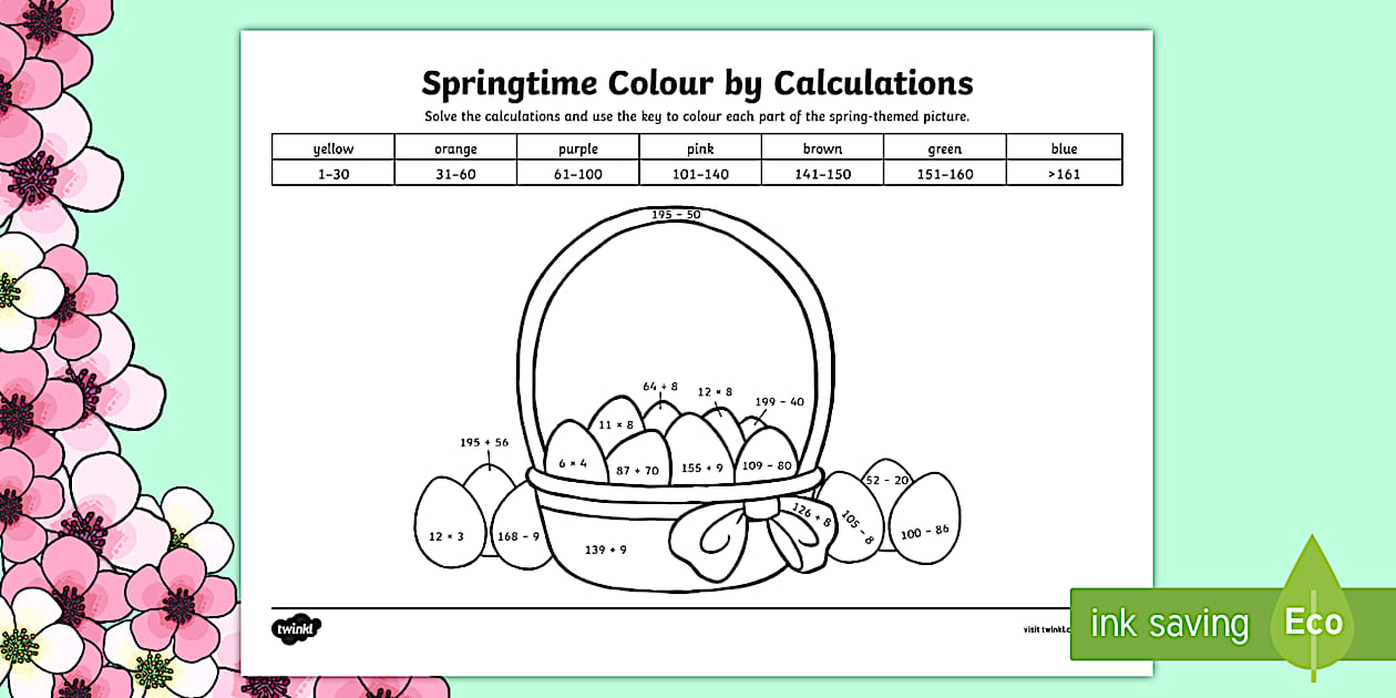 Spring-Themed Color by Numbers Mental Calculations Worksheet