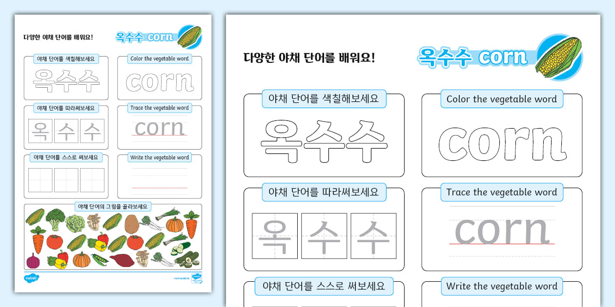 한글과 영어 동시에 완성하기 | 야채 | 옥수수 | Vetetables Corn Tracing Activity (Korean