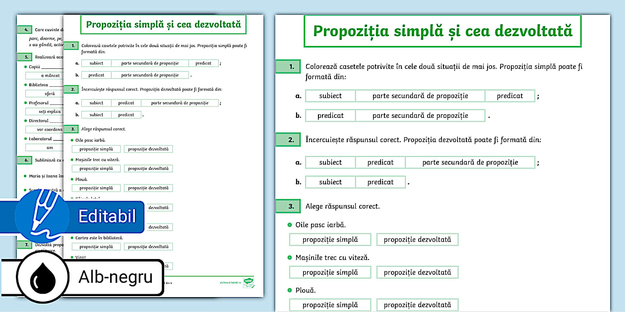 Propoziția simplă și propoziția dezvoltată – Fișă de lucru