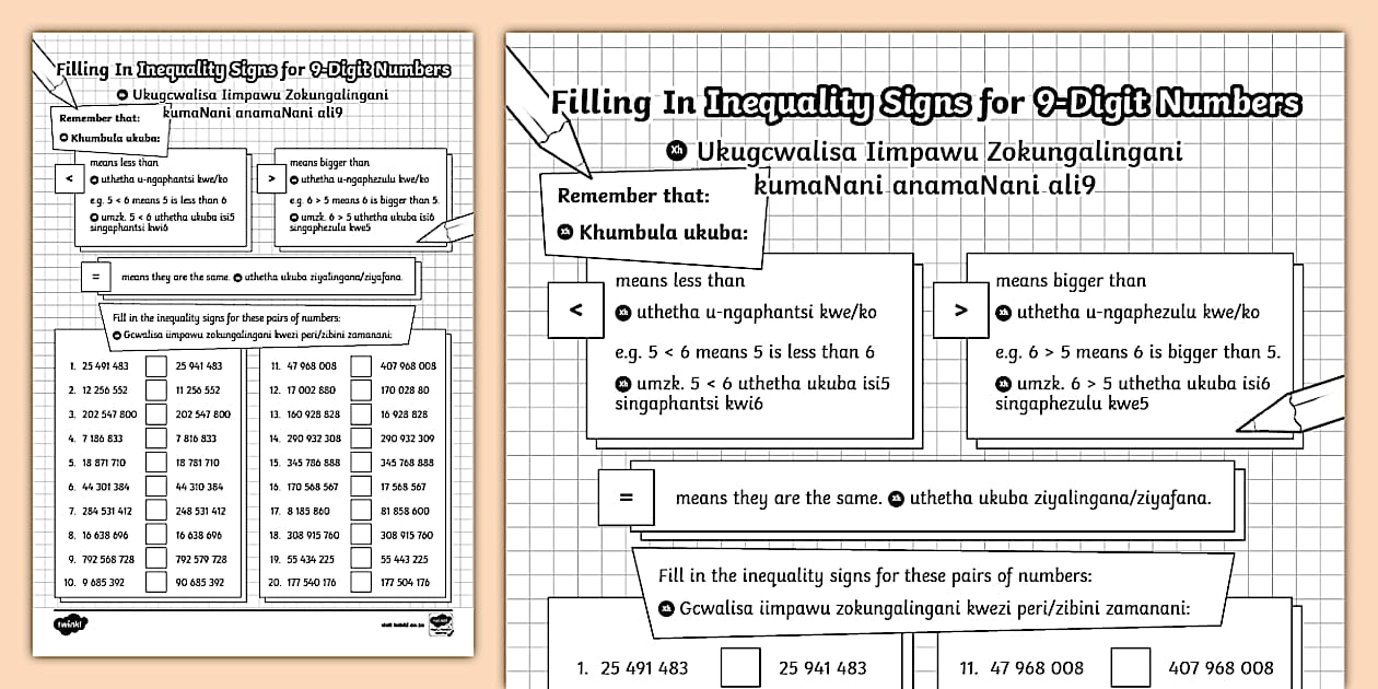 Filling In Inequality Signs for 9-Digit Numbers Activity Sheet IsiXhosa