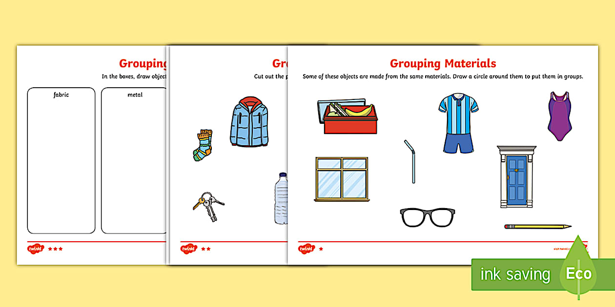 KS1 Y1 Grouping Materials Differentiated Worksheets - Twinkl