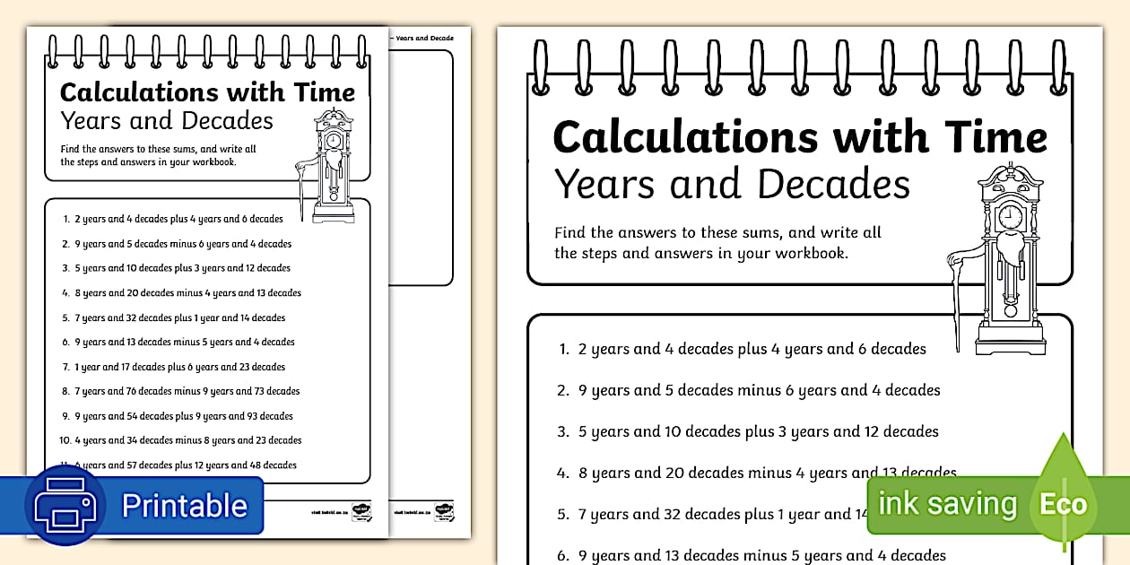 Calculations with Time – Years and Decade Activity Sheet