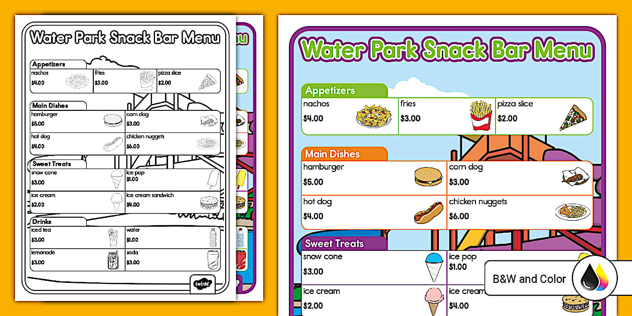 Water Park Dramatic Play Snack Bar Menu Sign