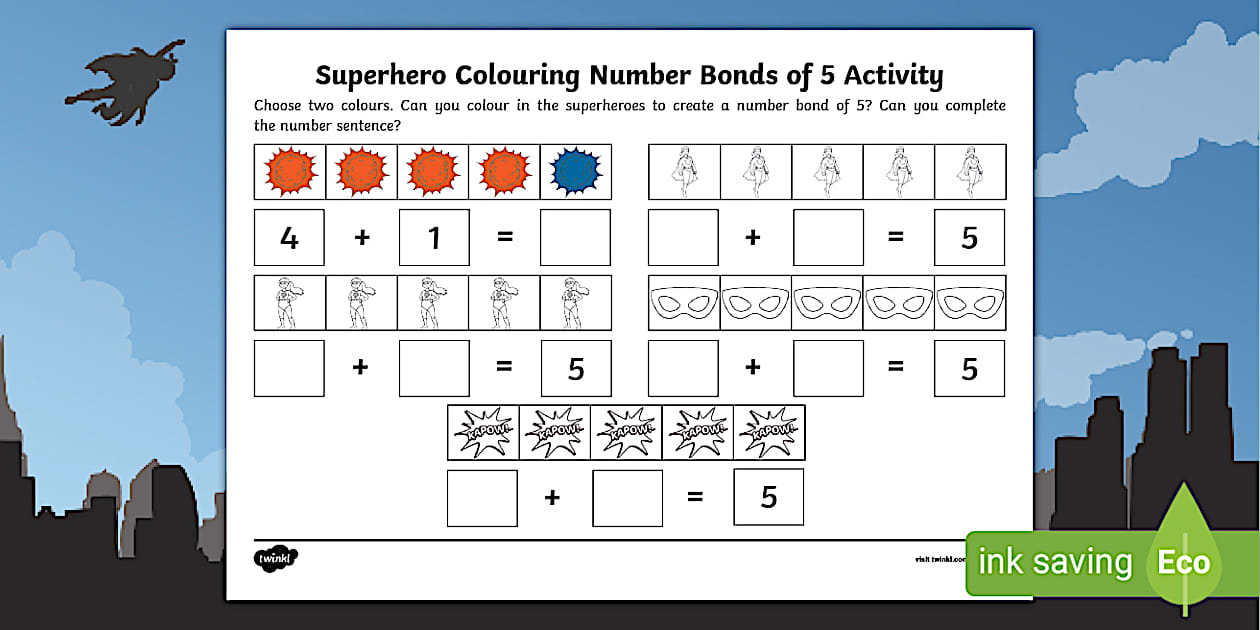 👉 Superhero Colouring Number Bonds to 5 Activity - Twinkl