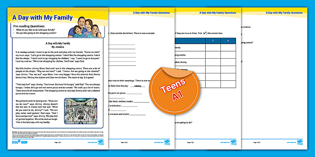 ESL A Day with My Family Reading Comprehension [Teens, A1]