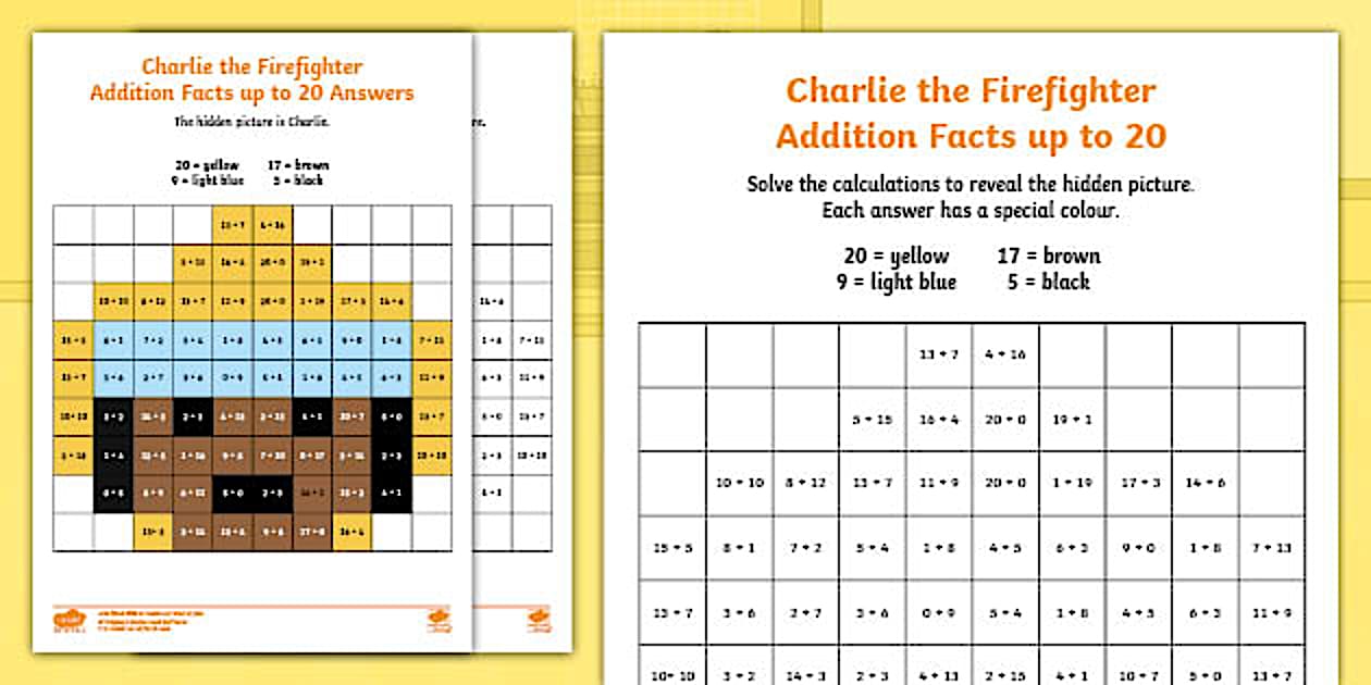 KS1 Charlie the Firefighter Addition Facts up to 20 Maths Mosaic Worksheet