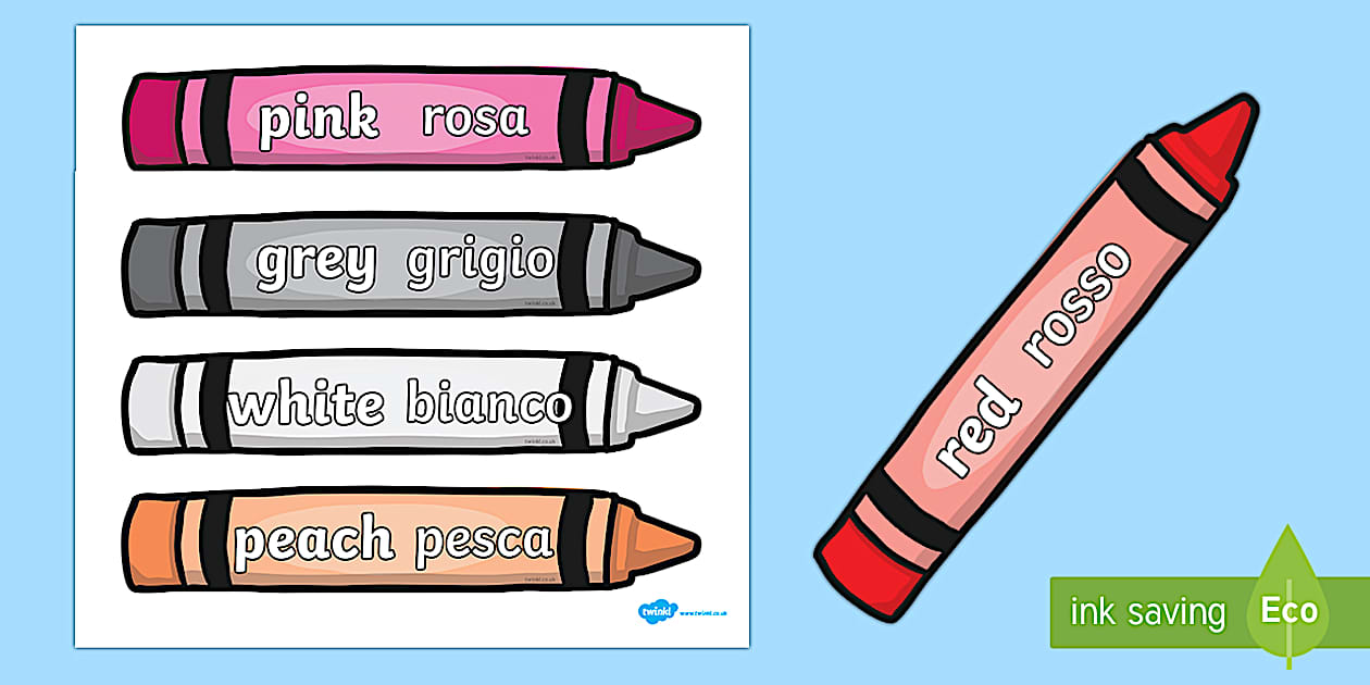 Black and White Colour Words on Crayons English/Italian