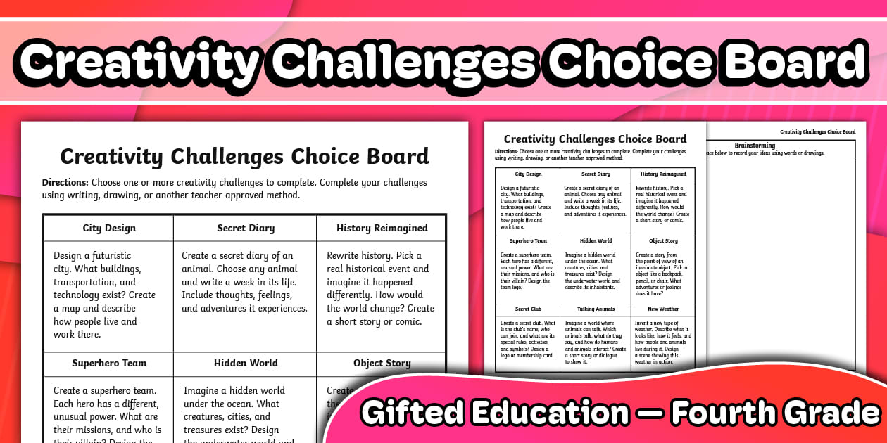 Creativity Challenges Choice Board for Gifted Education