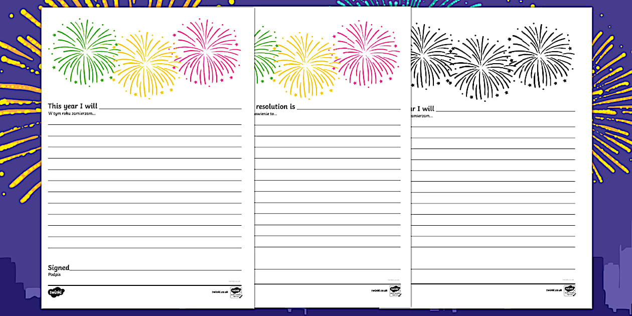 New years resolution pledge writing template English/Polish