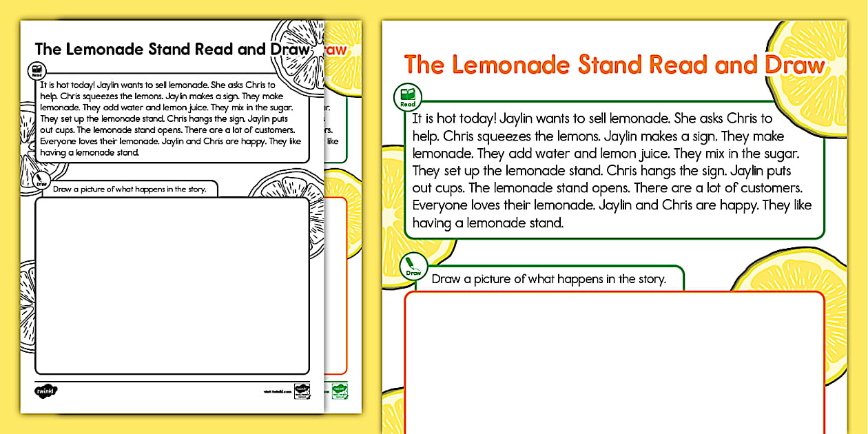 Lemonade Stand Read and Draw Worksheet for Kindergarten Kids
