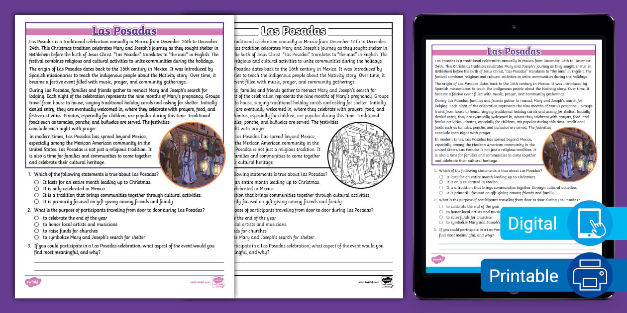 8th Gr Las Posadas Reading Passage Comprehension Worksheet