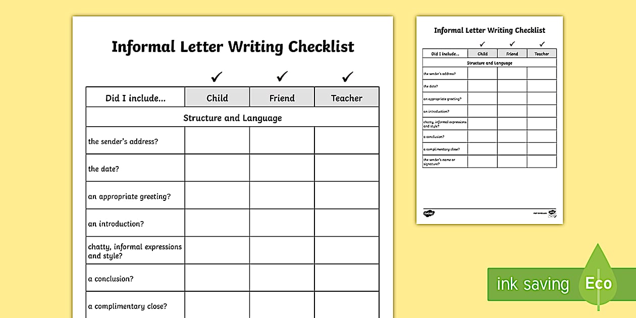 Editable Y3/Y4 Informal Letter Writing Checklist - Twinkl