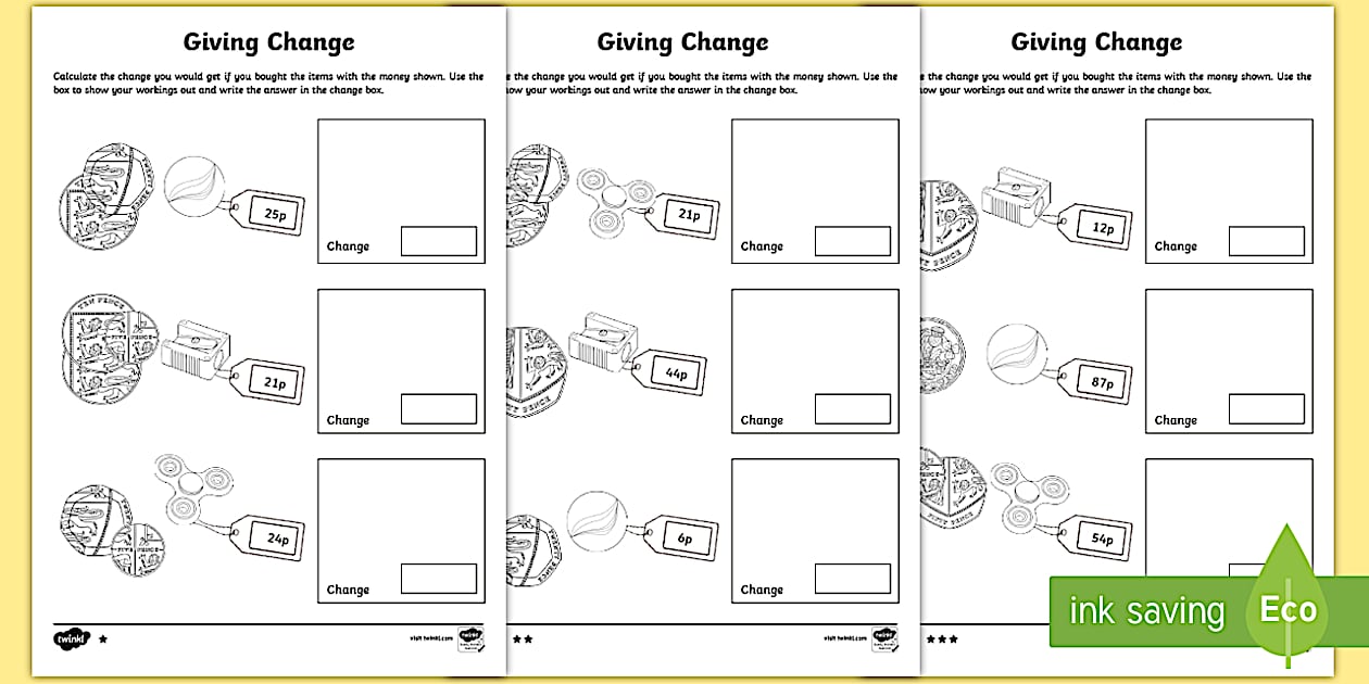Giving Change KS1 Worksheet / Worksheets - Twinkl