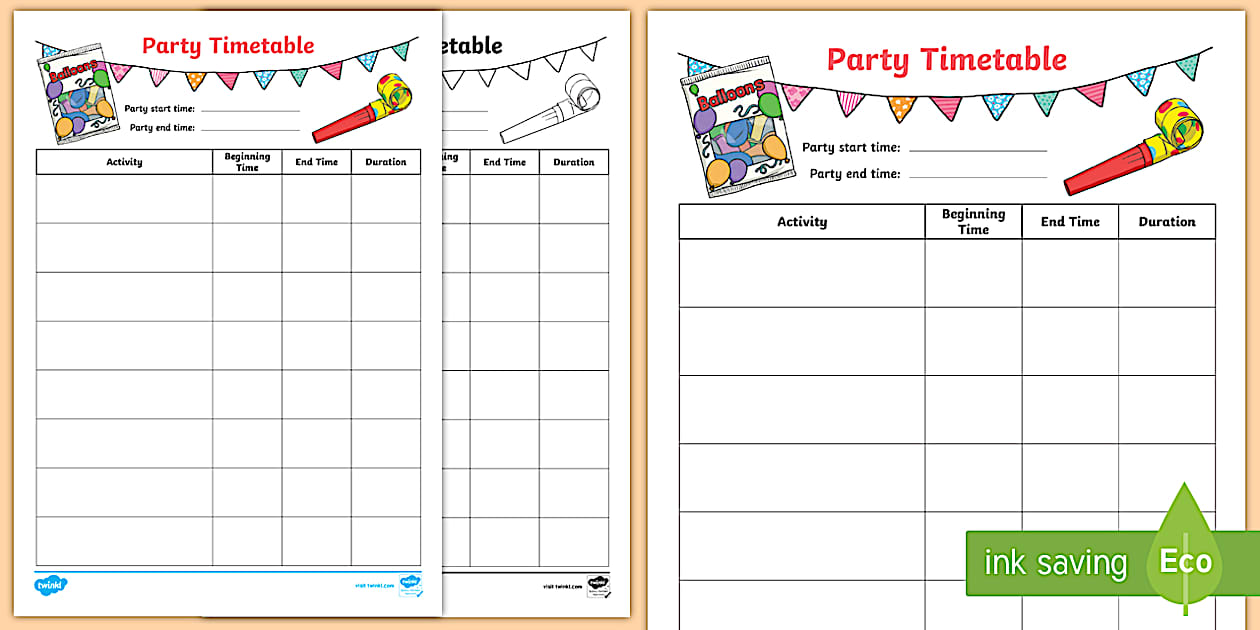 Black and White LKS2 Party Timetable Worksheet - Twinkl