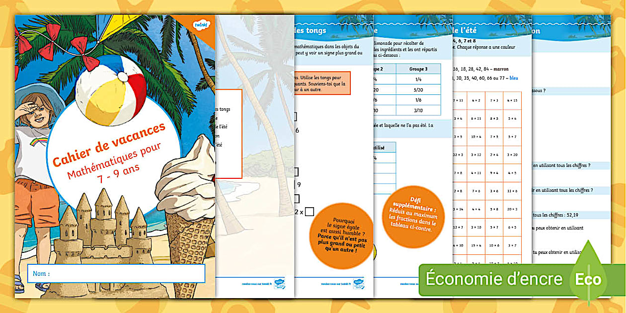 Cahier de vacances de l'été - mathématiques pour 7 - 9 ans