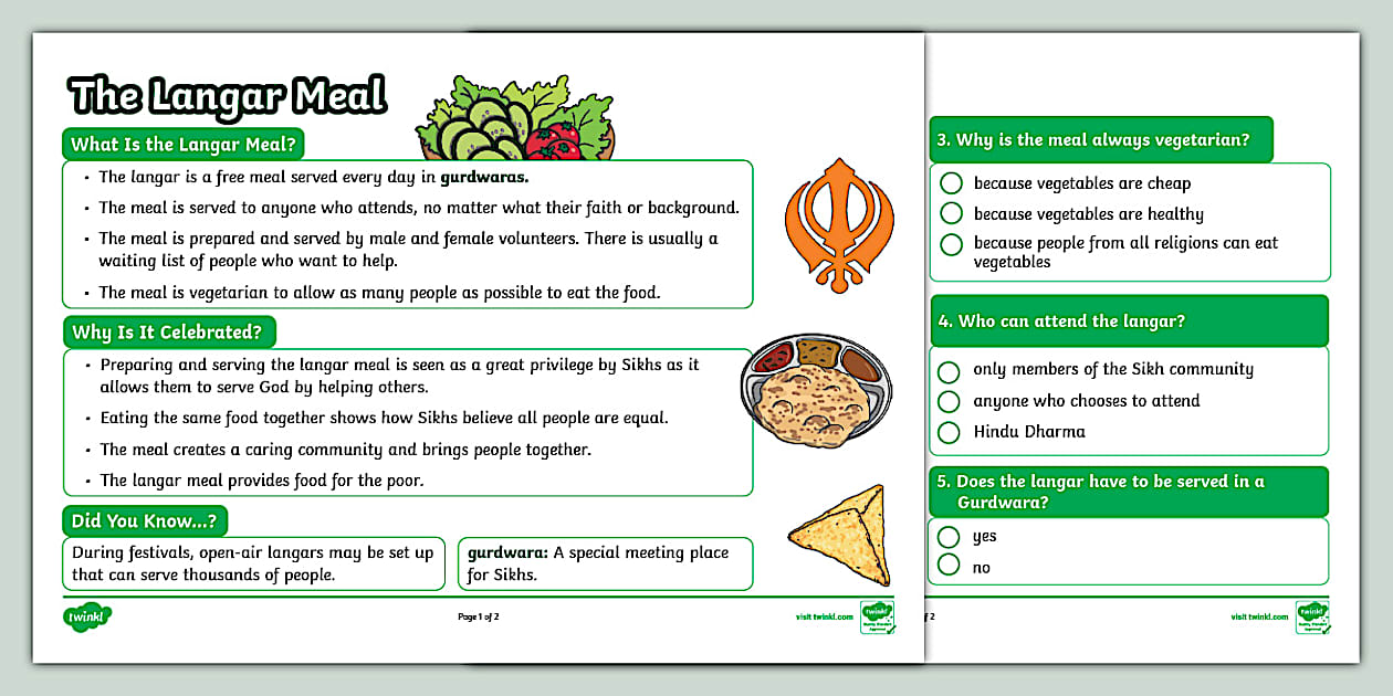 KS1 Langar Meal Fact File and Quick Quiz (teacher made)