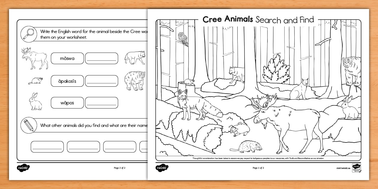 FREE! - Plains Cree Animals Search and Find Colouring Activity