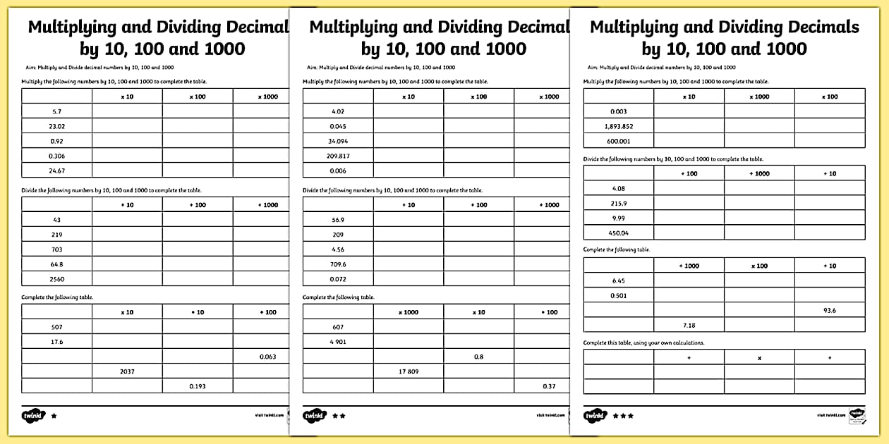 Grade 6 Multiplying and Dividing Decimals by 10 100 and 1000 Worksheet
