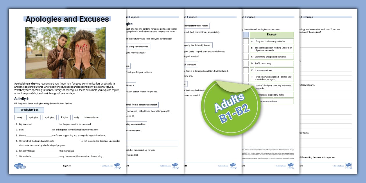 Apologies and Excuses in English [Adults, B1-B2] - Twinkl