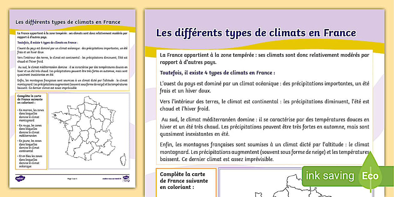 Les types de climats en France - fiche d'activités - Twinkl