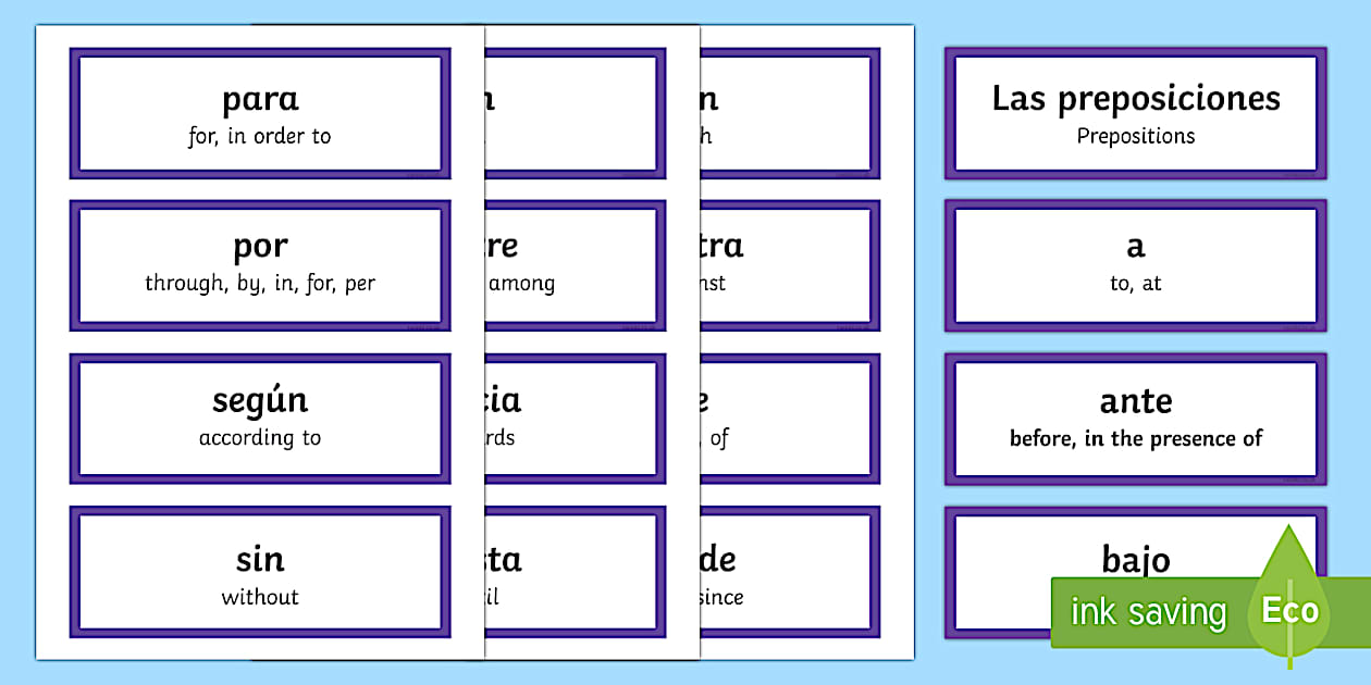Preposition Word Cards Spanish/English - Twinkl