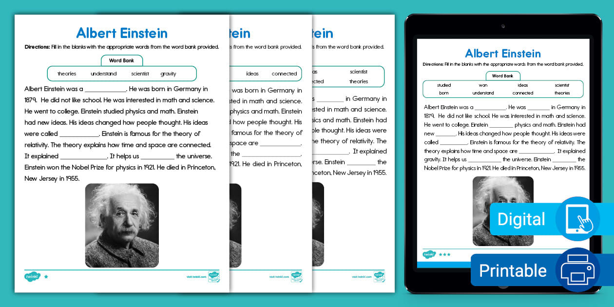 Albert Einstein Differentiated Cloze Reading Activity Worksheet