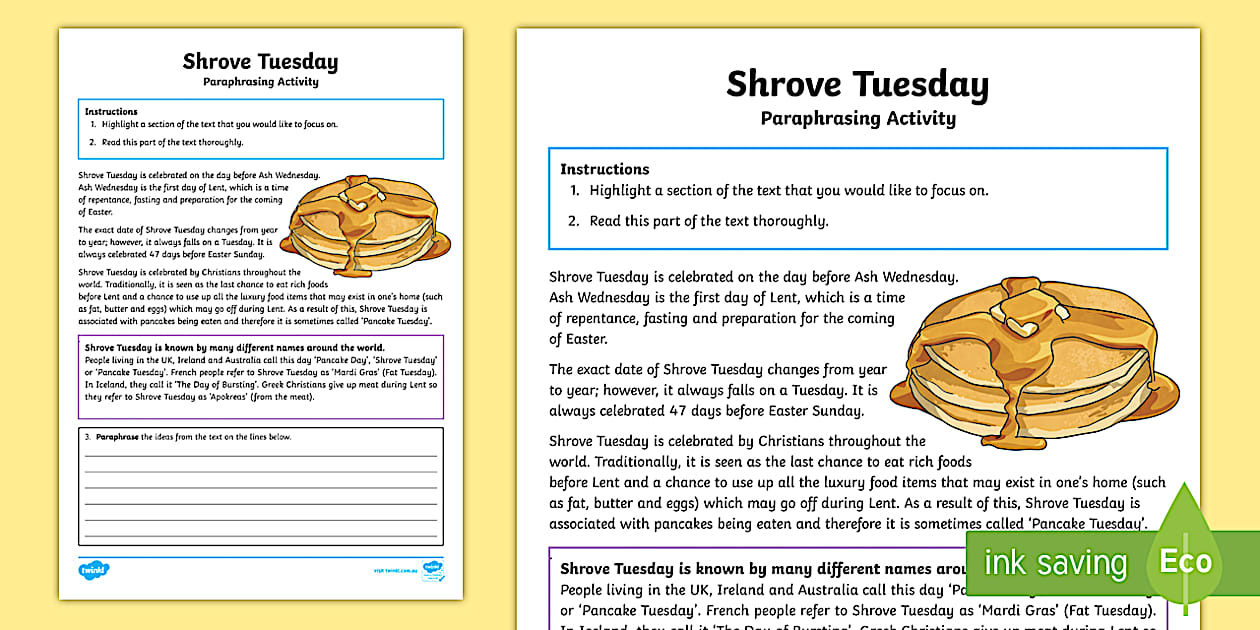SA Shrove Tuesday Paraphrasing Worksheet (teacher made)