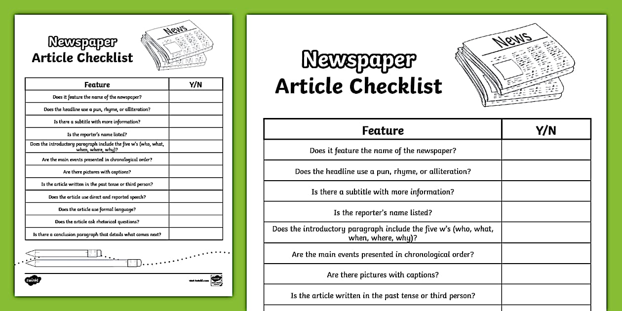 Newspaper Article Checklist (teacher made) - Twinkl