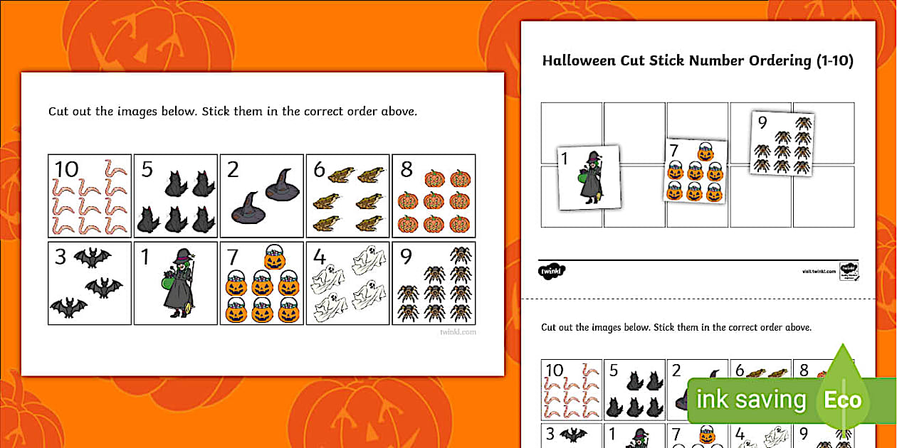 Halloween Themed Cut and Stick Number Ordering 1-10 Activity