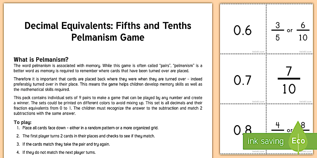 Equivalent Fractions and Decimals - Pelmanism Game - Twinkl