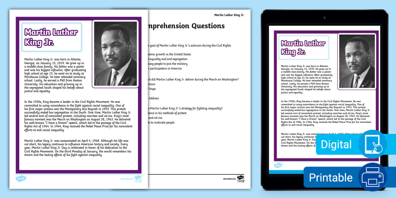 6th Gr Martin Luther King Jr. Reading Passage Comprehension