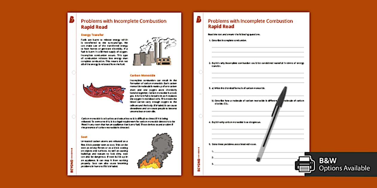 Incomplete Combustion Reading Comprehension (teacher made)
