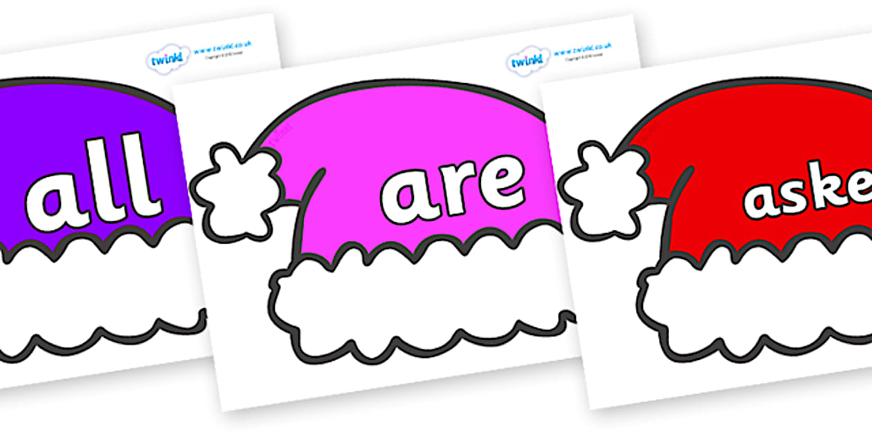 Cursive Tricky Words on Santa Hats (teacher made) - Twinkl