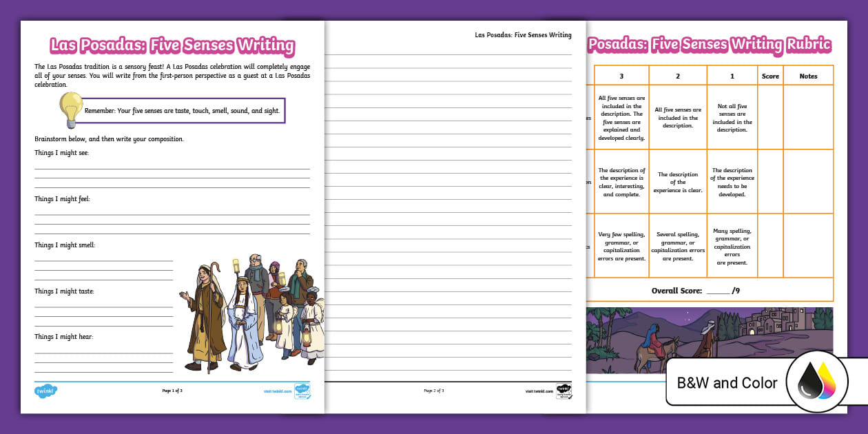 Las Posadas: Five Senses Writing Activity Worksheet and Rubric
