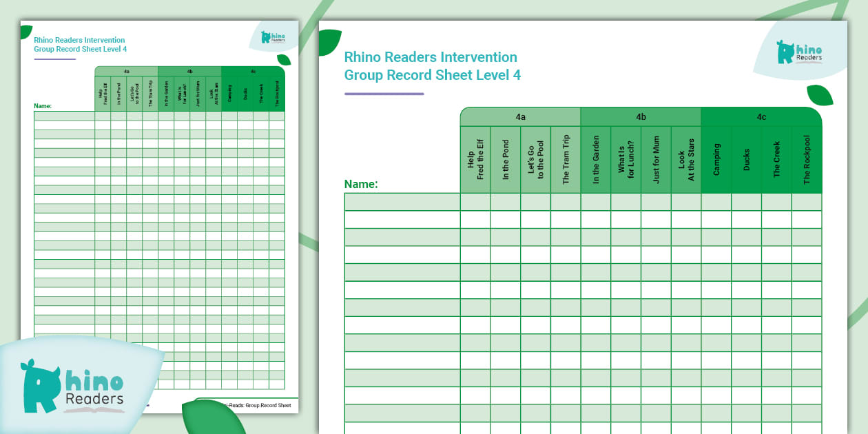 Level 4 Rhino Readers Intervention: Group Record Sheet