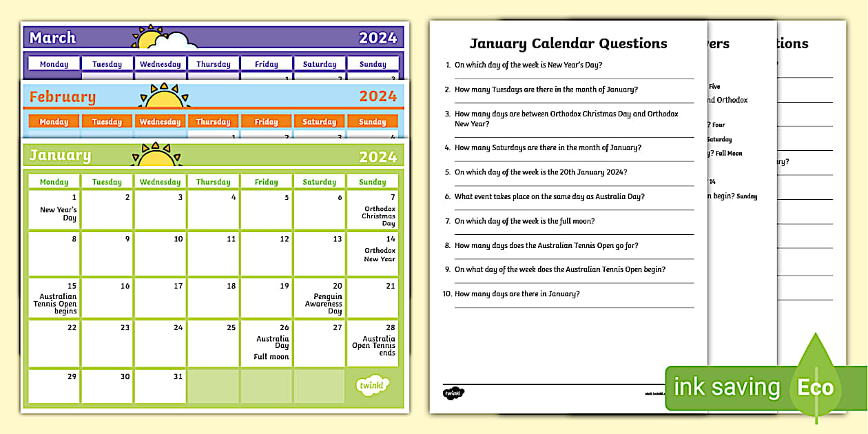 Australian Calendar 2024 Activity Sheets (teacher made)